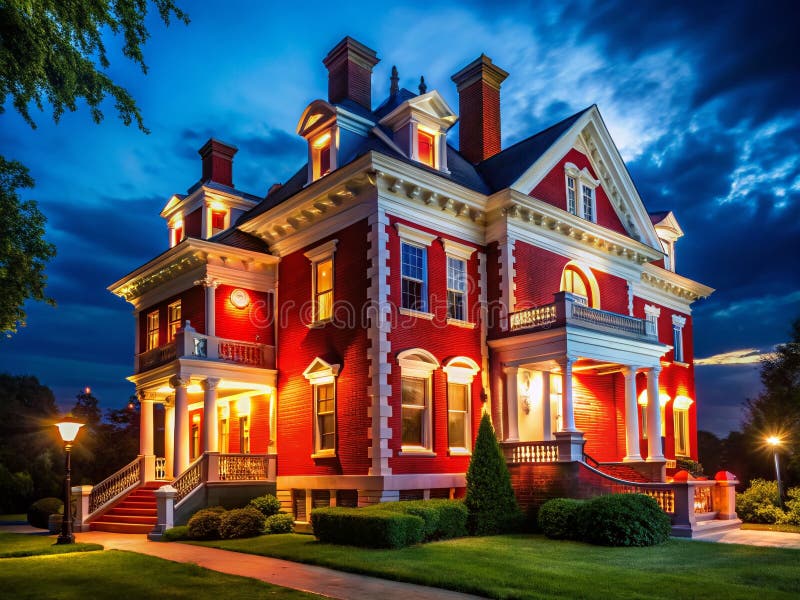 Dramatic Nighttime Exterior of a Red Brick Mansion with White Trim ...