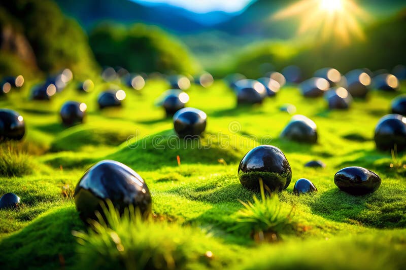 Mysterious Alien Landscape Floating Black Stones Over a Lush Green ...
