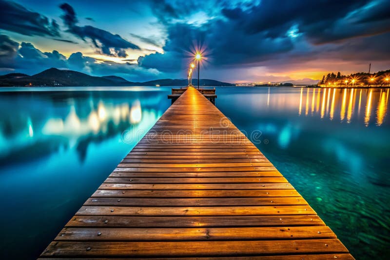 Enchanted Waterfront at Night Illuminated Pier Empty Harbor and Dark ...