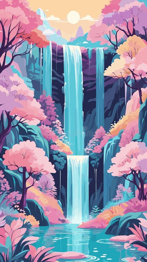 Waterfall Nature Landscape Cartoon Drawing Artwork Vector Ai Generated ...
