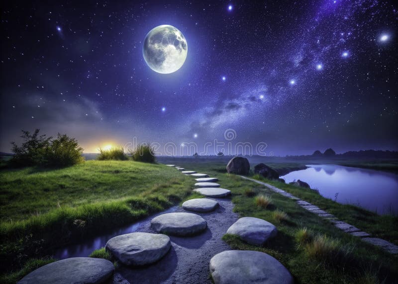 A Serene Starry Night Unveils a Moonlit Stone Pathway Panoramic Night ...