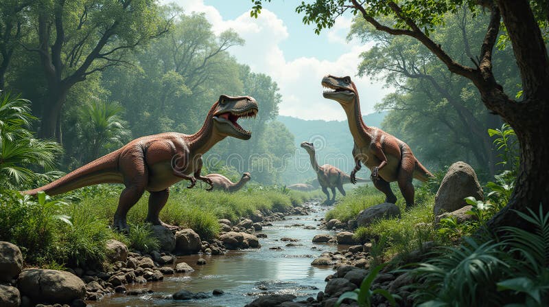 Majestic Dinosaurs Roaming Lush Prehistoric Jungle by Serene Water ...