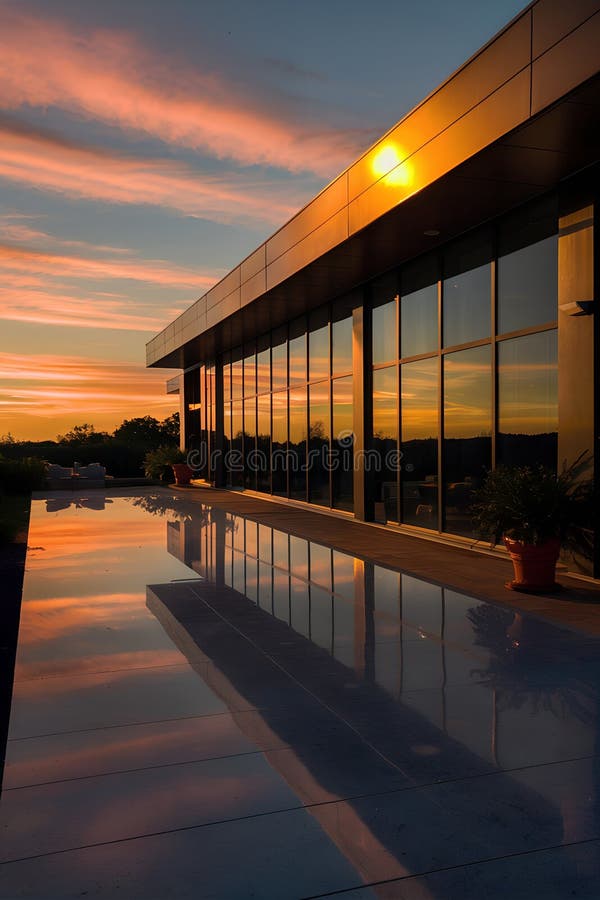 Sunset Reflections on Modern Mansion Stock Image - Image of design ...