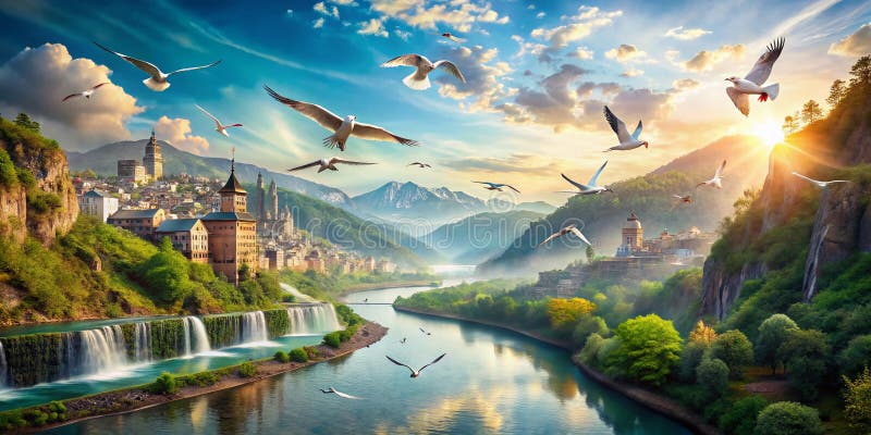 Enthralling Animated Loop a Double Exposure of Birds Valley Cityscape ...