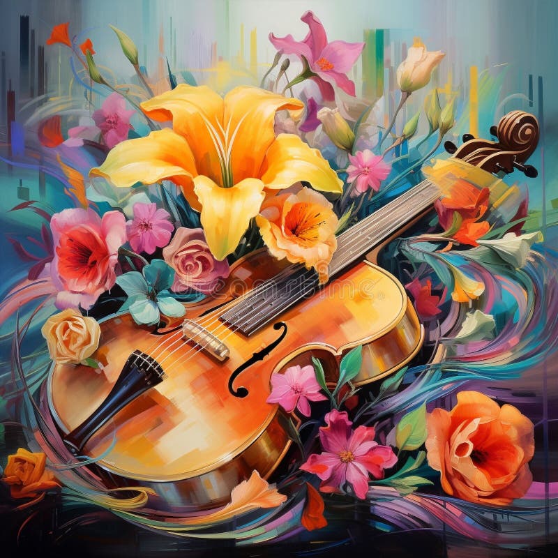 Vibrant Flower Blooming Amidst Musical Instruments Stock Illustration ...