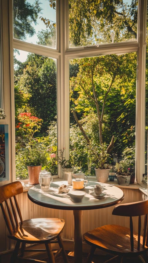 A Serene Breakfast Nook Filled with Natural Light and Lush Greenery ...