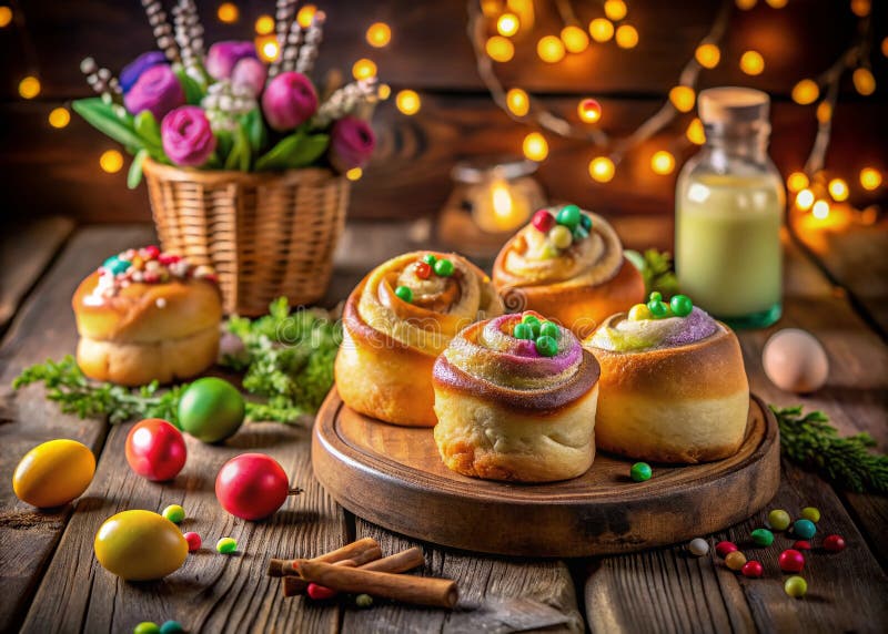 Enticing Easter Dessert Display Colorful SugarCoated Sweet Rolls Under ...
