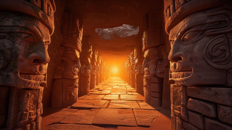 A Corridor of Stone Faces Glows Warmly, Representing the Endless ...