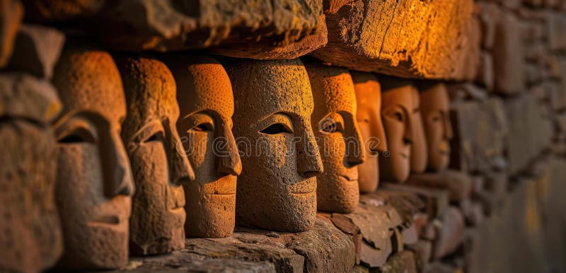 A Corridor of Stone Faces Glows Warmly, Representing the Endless ...