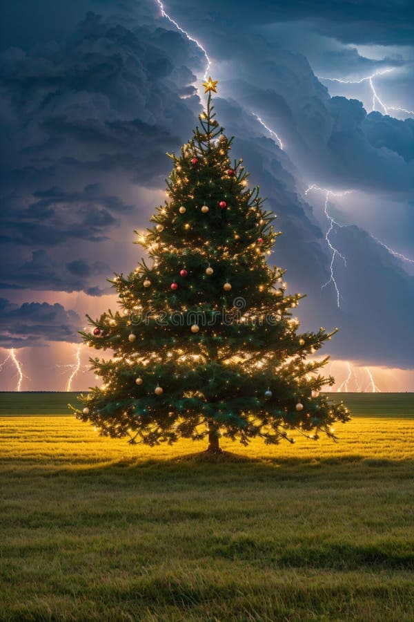 Bright Christmas Tree in a Large Field with Dark Clouds and Lightning ...
