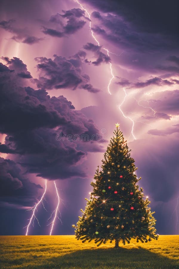 Bright Christmas Tree in a Large Field with Dark Clouds and Lightning ...