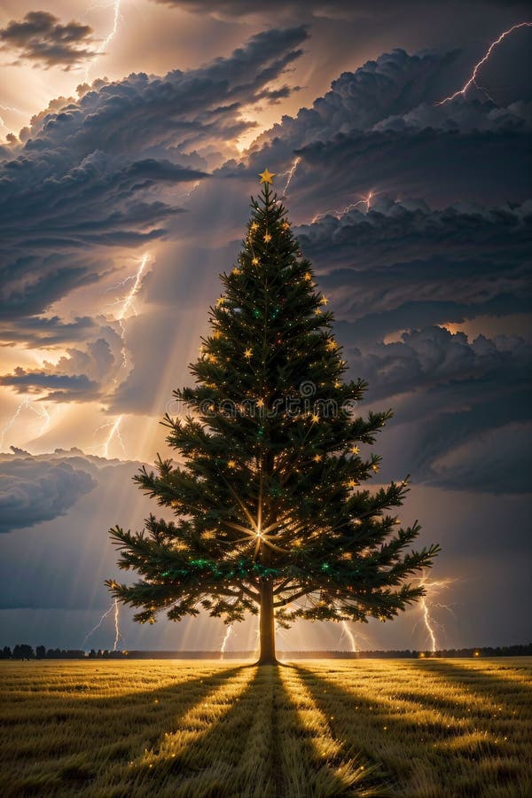 Bright Christmas Tree in a Large Field with Dark Clouds and Lightning in the Sky, Wallpaper Xmas ...