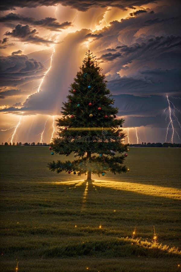 Bright Christmas Tree in a Large Field with Dark Clouds and Lightning ...