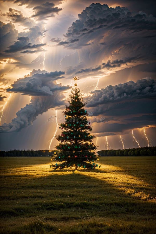 Bright Christmas Tree in a Large Field with Dark Clouds and Lightning ...