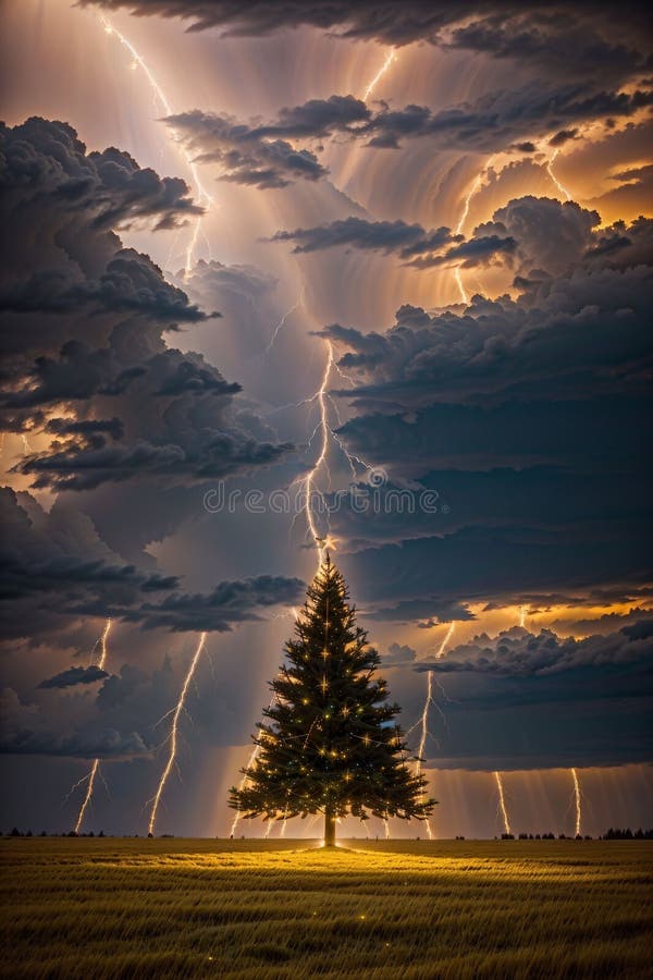 Bright Christmas Tree in a Large Field with Dark Clouds and Lightning ...