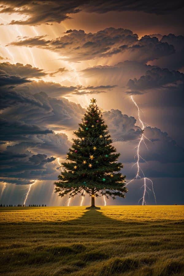 Bright Christmas Tree in a Large Field with Dark Clouds and Lightning ...