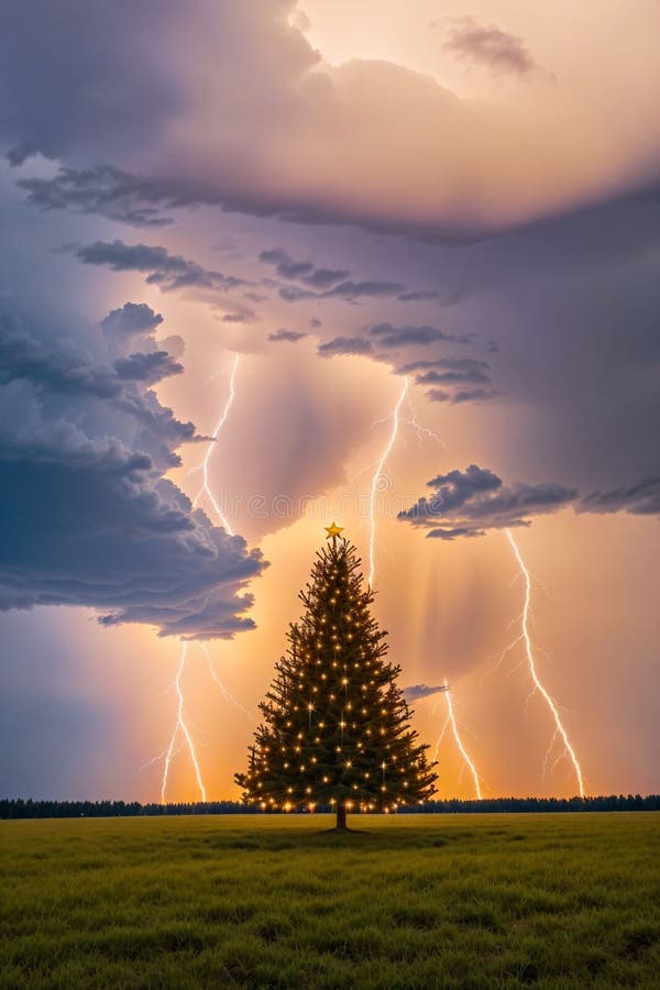 Bright Christmas Tree in a Large Field with Dark Clouds and Lightning ...