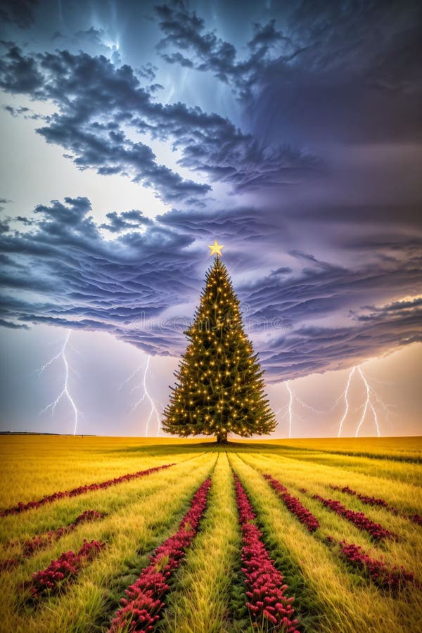 Bright Christmas Tree in a Large Field with Dark Clouds and Lightning ...