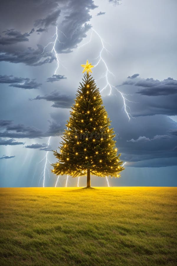 Bright Christmas Tree in a Large Field with Dark Clouds and Lightning ...