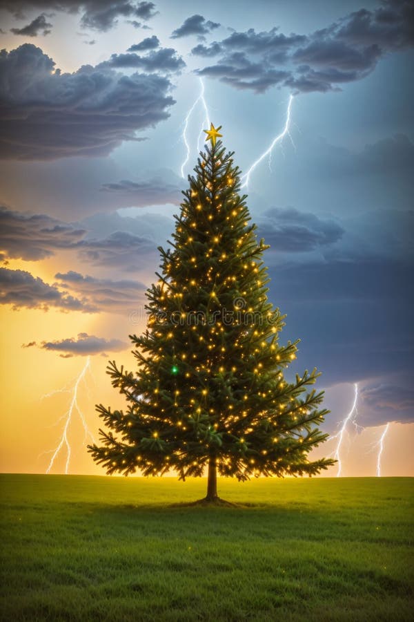 Bright Christmas Tree in a Large Field with Dark Clouds and Lightning ...