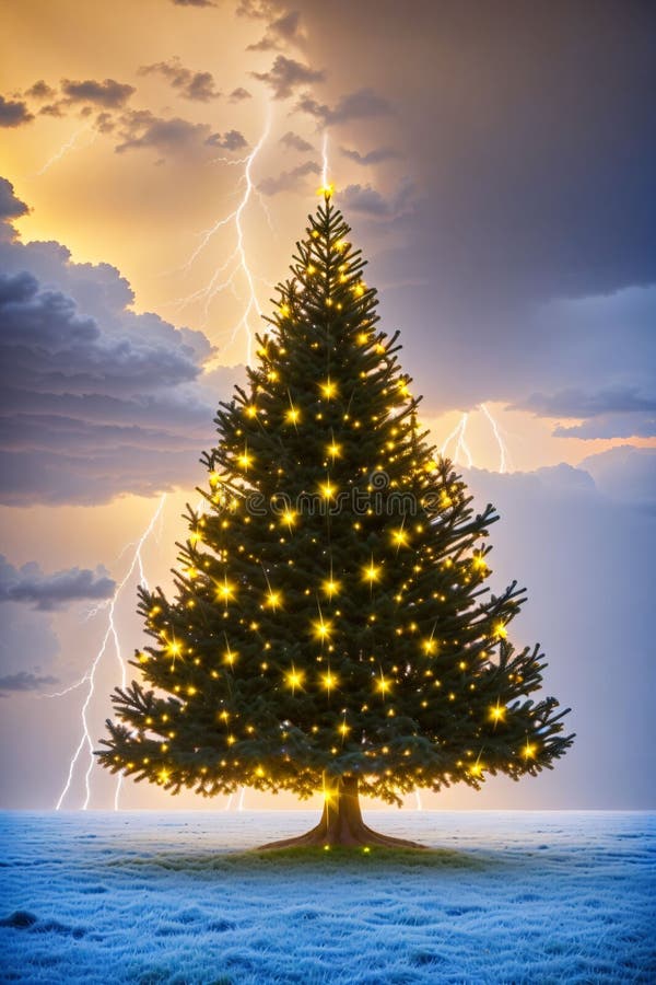 Bright Christmas Tree in a Large Field with Dark Clouds and Lightning ...