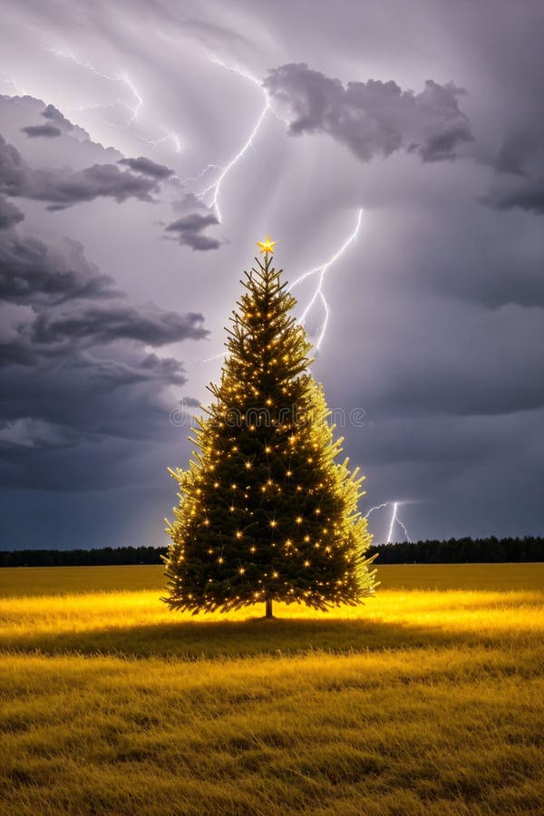 Bright Christmas Tree in a Large Field with Dark Clouds and Lightning ...