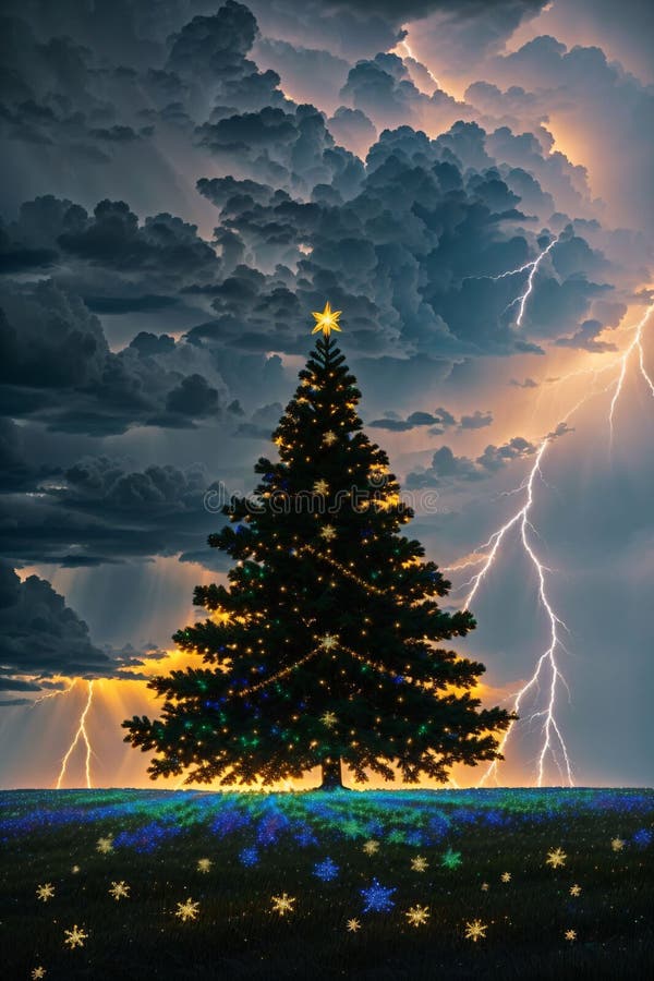 Bright Christmas Tree in a Large Field with Dark Clouds and Lightning ...
