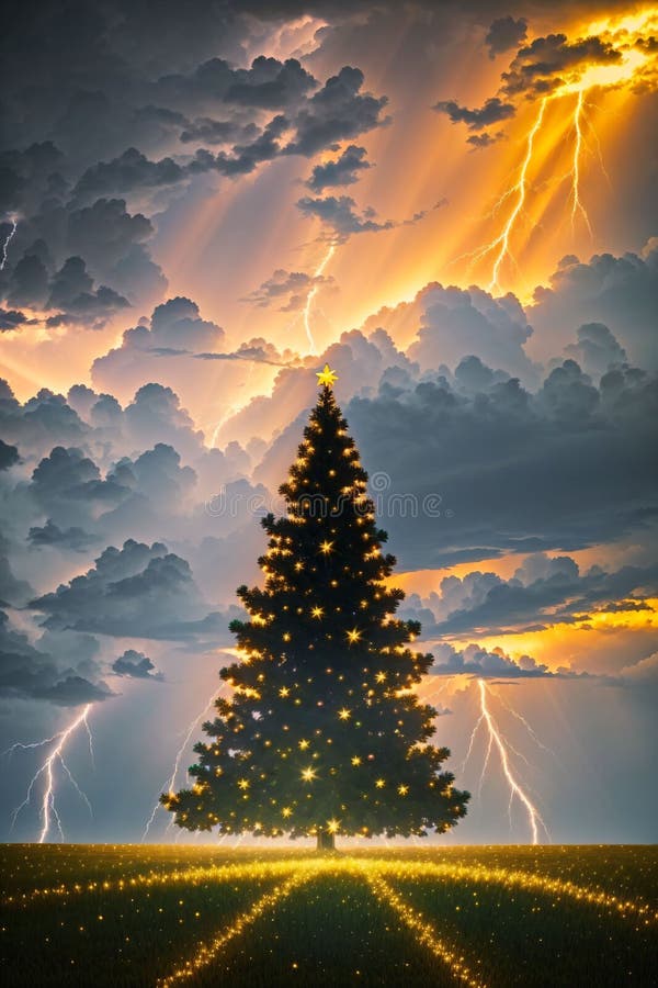 Bright Christmas Tree in a Large Field with Dark Clouds and Lightning ...