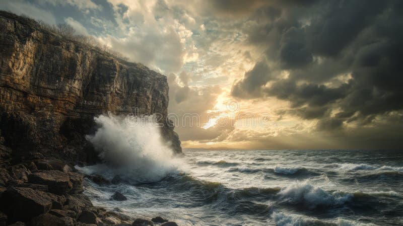 Dramatic Ocean Waves Crash Against Cliffside Stock Illustration ...