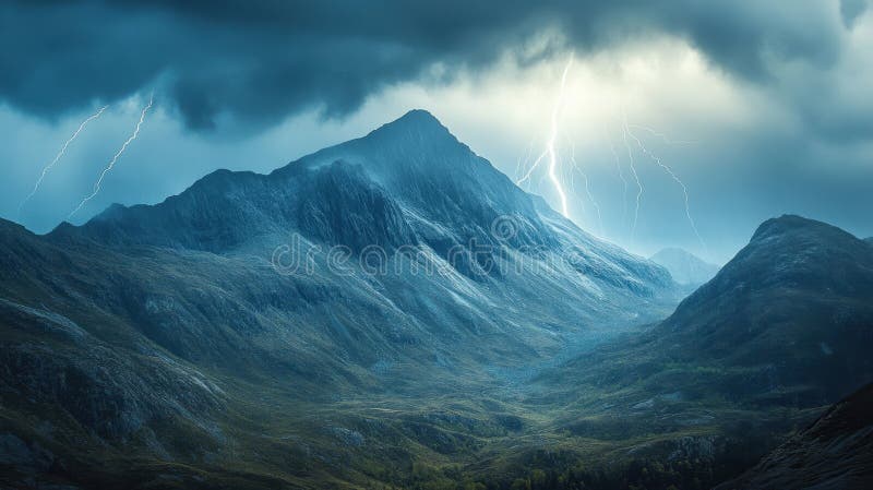 A Dramatic Stormy Mountain Landscape with Thunder and Lightning in the Sky Stock Illustration ...