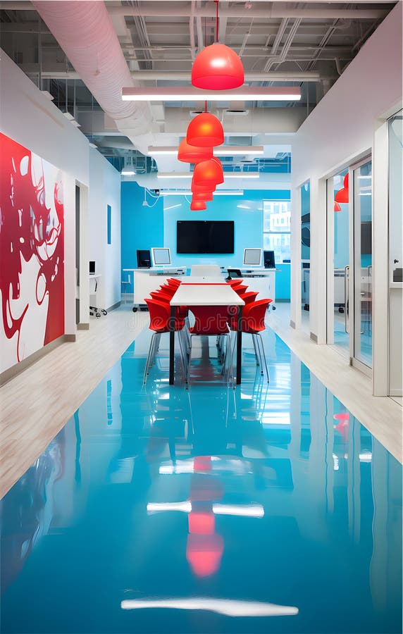 Modern Office with Red and Blue Themed Interior Design Stock ...
