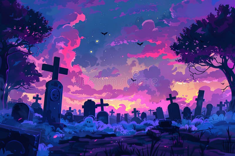 Spooky Halloween Night in Silhouette Graveyard, Vibrant Blue Purple Sky ...