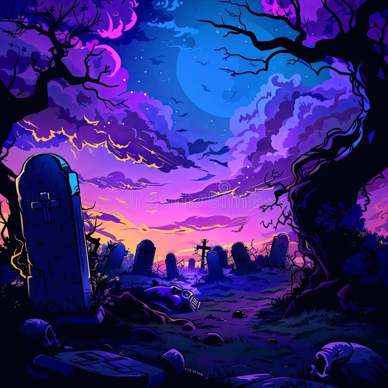 Spooky Halloween Night in Silhouette Graveyard, Vibrant Blue Purple Sky ...