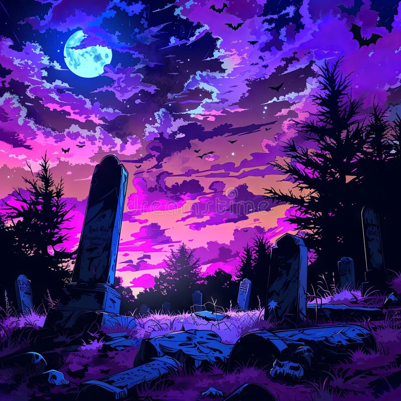 Spooky Halloween Night in Silhouette Graveyard, Vibrant Blue Purple Sky ...