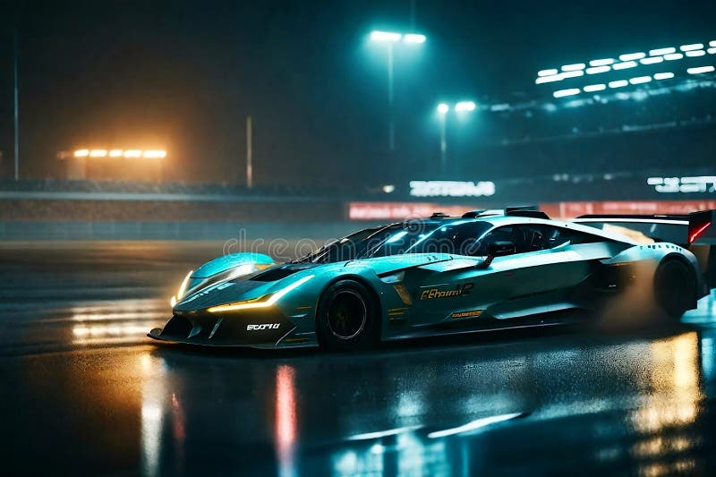 High-performance Racing Car Speeds through Rain-soaked Track Stock ...