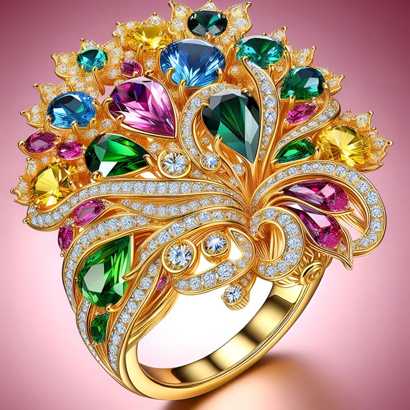 Peacock Tail Elegance: Diamond Ring with Colored Gems. Stock ...