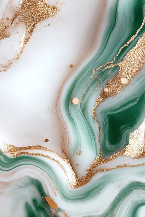 Experience the Elegance of a Swirling Marbled Texture Featuring Rich Green, White, and Gold Hues ...