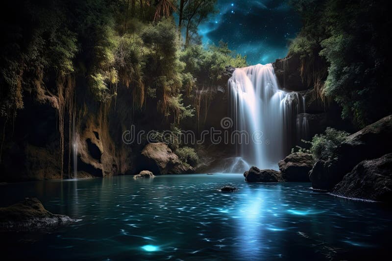 Beauty of a Waterfall Illuminated by the Ethereal Glow of the Moonlight ...