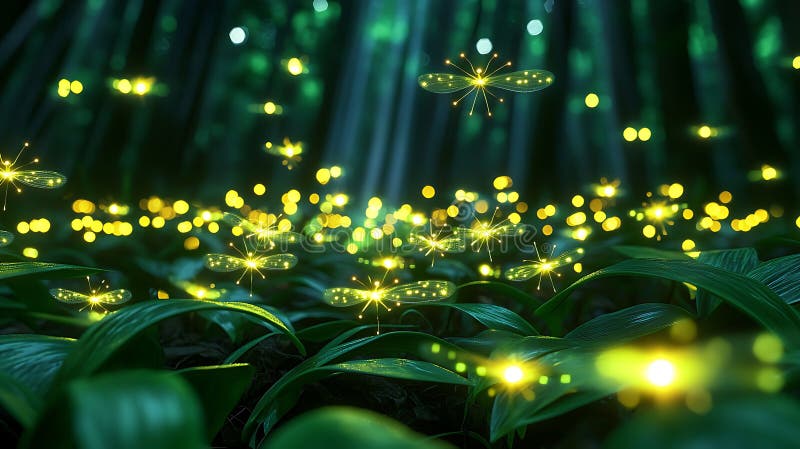 Rhythmic Blinking Fireflies Amidst Dense Greenery Stock Illustration ...