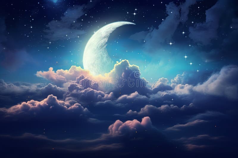 Midnight Serenity: Crescent Moon Amongst Clouds in the Night Sky (AI ...
