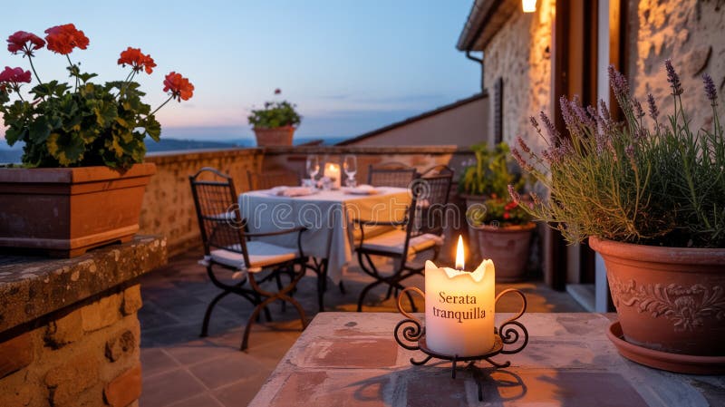 Evening Dinner Setting on a Romantic Rooftop Terrace with Lit Candle ...