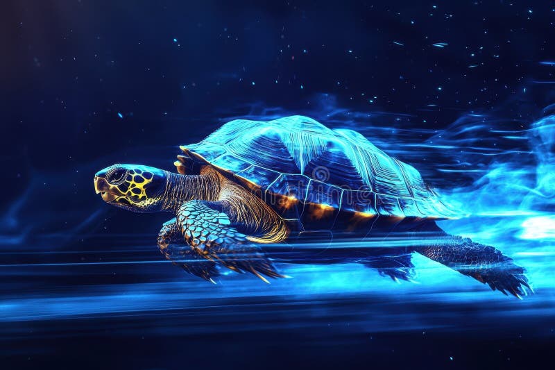 Energetic Turtle Sprinting in Dark Blue Background Stock Image - Image ...