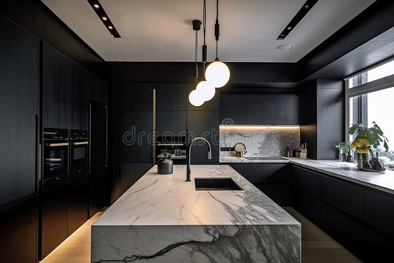Matte Black Kitchen with a Marble Countertop for a Modern Twist - AI ...