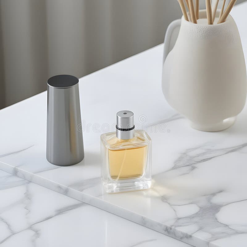 Sleek Modern Elegance Perfume Bottle on White Marble Stock Illustration ...