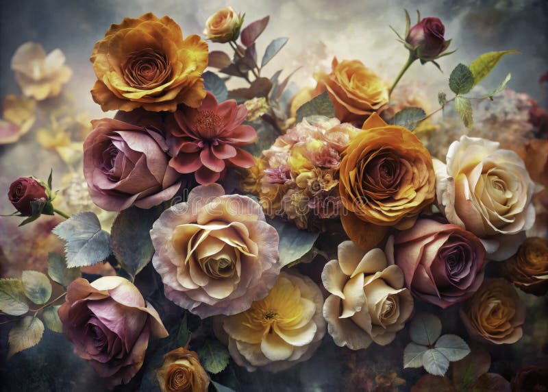 A Dreamy Double Exposure Autumn Roses and Hydrangeas Against a Moody ...