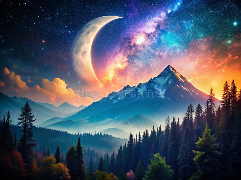 Enchanting Crescent Moon Double Exposure a Mesmerizing Night Sky ...