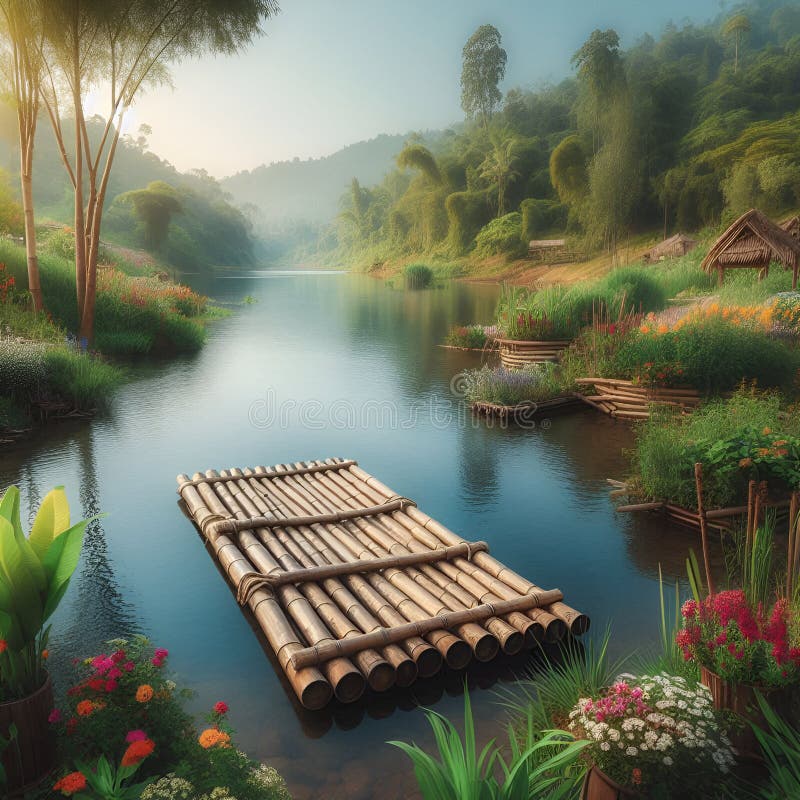 Floating Tranquility Bamboo Raft in the Middle of the River, Generative ...