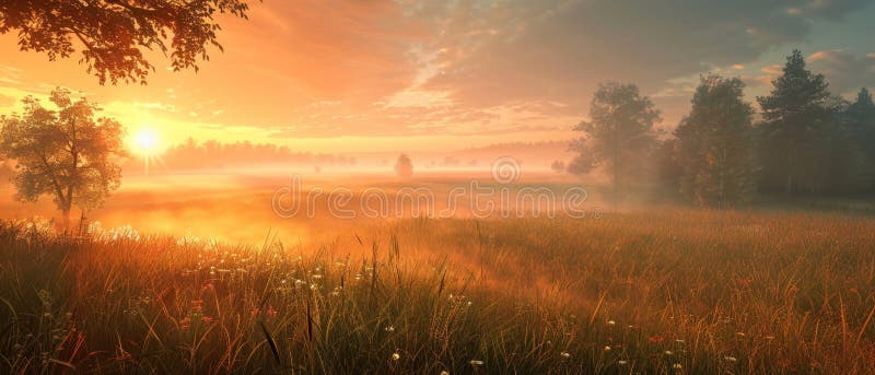 Experience Fog-covered Grassland and Trees at Sunrise in a Serene ...