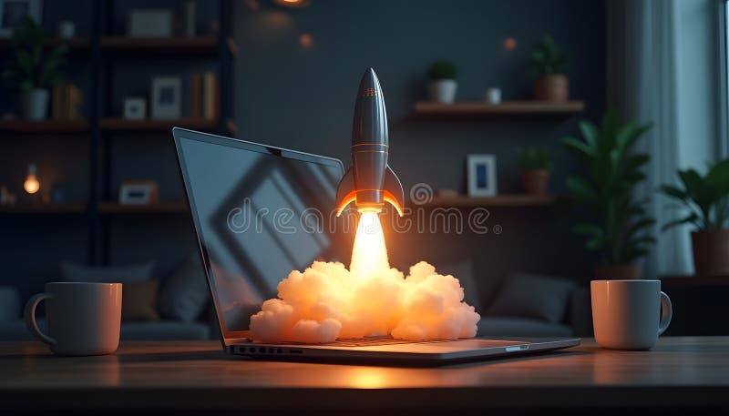 Rocket Launching from Laptop Screen in Cozy Living Room Stock ...