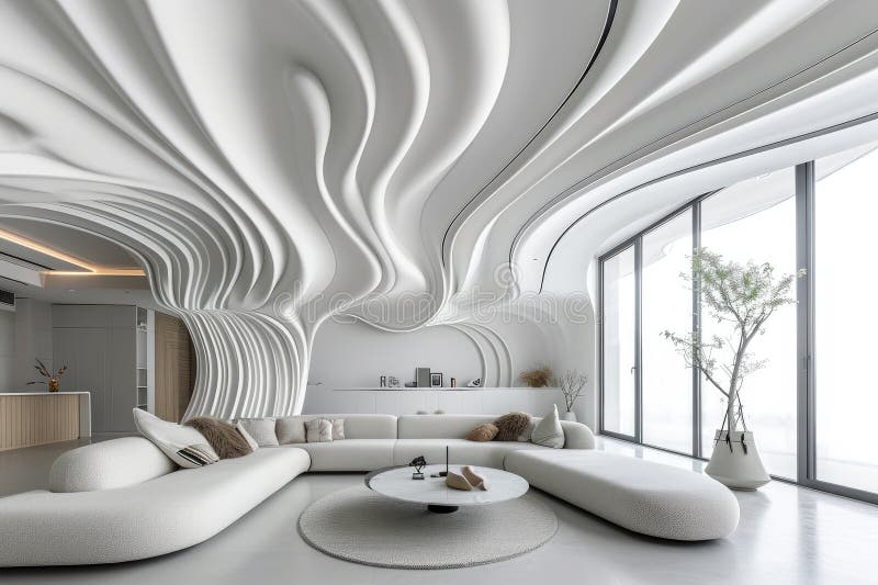 Experience the Future with an Abstract Wavy Ceiling in a Modern Living ...